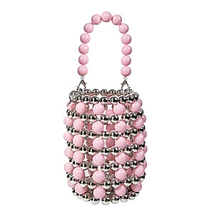 Abvokury YUSHINY Silver Acrylic Beaded Small Colored Bucket Evening Handbag with Detachable Strap Chain (Pink)