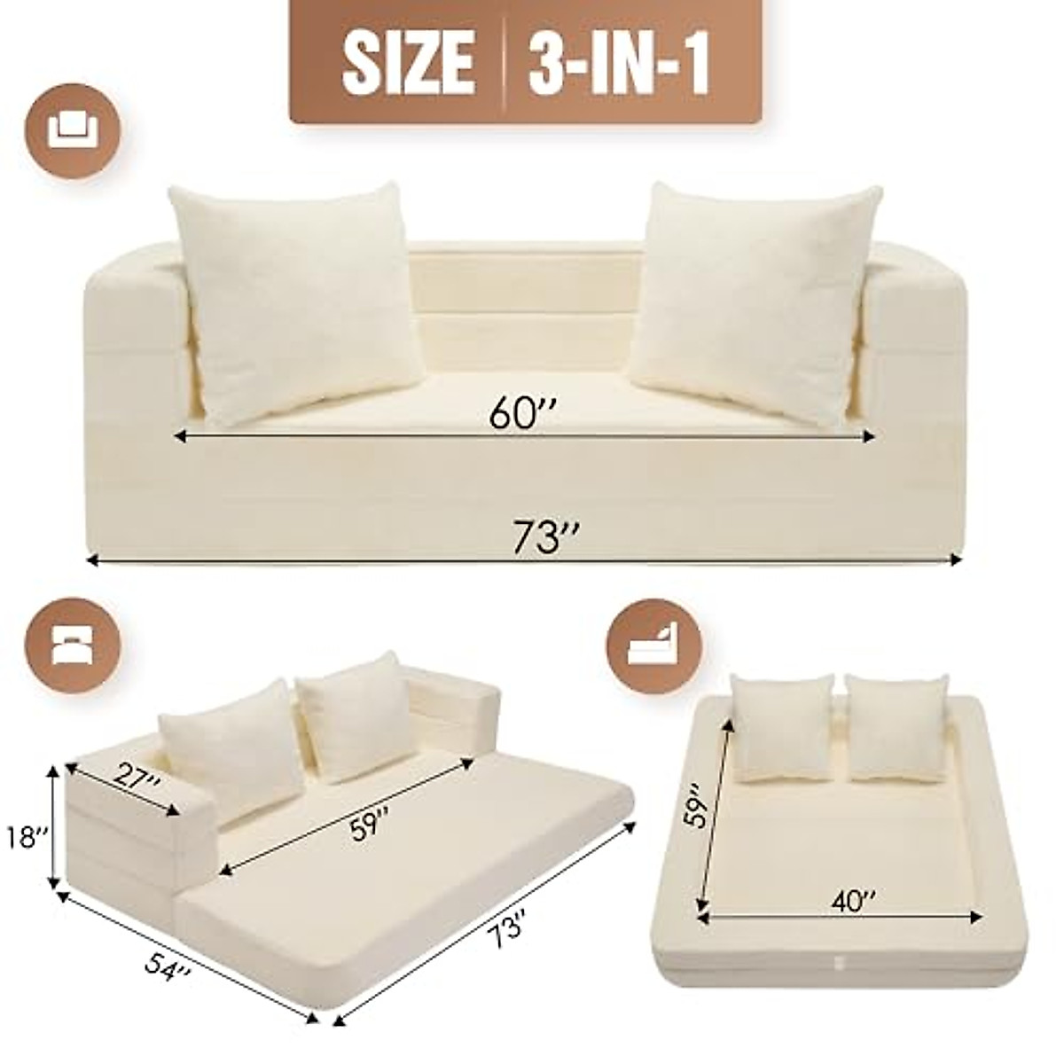 Cansunna Folding Bean Bag Chair for Adults,3-in-1 Bean Bag Couch Faux Fur Floor Sofa Large Beanbag Convertible Bean Bag Sofa Bed with Pillow,Bedroom,Living Room(Large,Milky White)