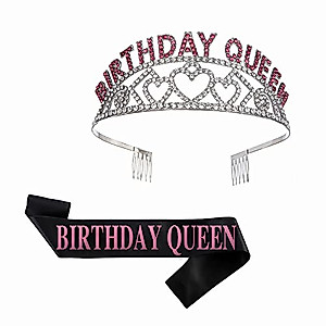 Birthday Sash Crown for Women Crystal Birthday Tiara and Crowns Premium Rhinestone Headband with Combs Birthday Outfits for Women Girls