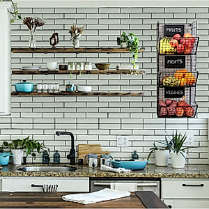 3-Tier Wall Mounted Storage Basket Foldable Organizer, Hanging Metal Wire Basket with Chalkboards, Kitchen Fruit Produce Pantry Bathroom Laundry Organization Office Garage Storage, Black