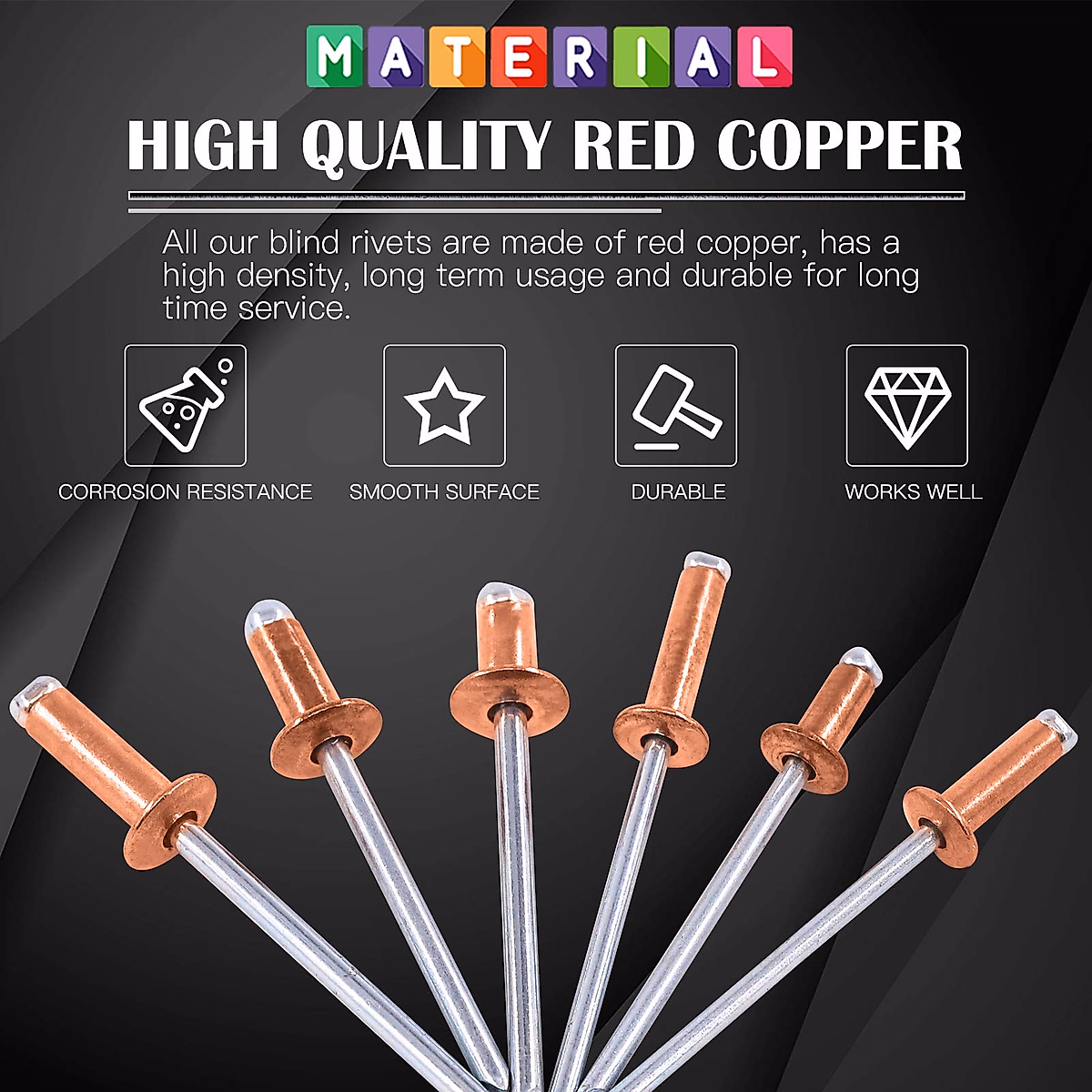 Glarks 120Pcs 6 Size Red Copper Blind Rivets Pop Rivets Assortment Set for Sheet Metal, Automotive, Railway, and Furnitures