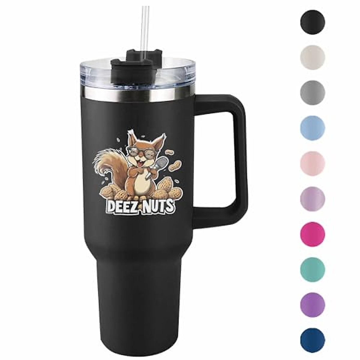LB LEOBON 40 ounce insulated cup with handle, double-layer vacuum stainless steel material, equipped with straw, can keep warm or maintain cold drinks Cartoon,Cartoon,Digital Illustration, black