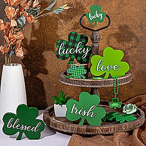 Whaline 4Pcs St. Patrick's Day Table Wood Sign Shamrock 3D Lucky Irish Wooden Sign Buffalo Plaid Clover Freestanding Tabletop Centerpiece for Tiered Tray Desk Office Home Party Decor