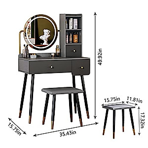 Vanity Desk,Make Vanity Set with Touch Screen Dimming Mirror, 3 Color Lighting Modes, Dressing Table with 3 Sliding Drawers, Modern Bedroom Makeup Table and Cushioned Stool Set for Women Girls