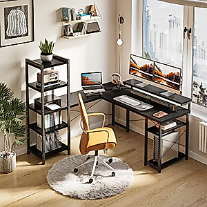 ODK L Shape Computer Desk with Monitor Stand, 48 Inch Home Office Desk with Storage Printer Shelves, Sturdy Writing Table with Reversible Bookshelf for Bedroom, Black