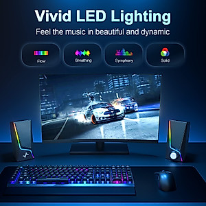 Computer Speakers, PC Speakers with 6 Colorful LED Modes, USB Powered Computer Speakers for Desktop with 2 Bass-Boost Ports, 2 Speaker Units and 3.5mm Aux-in Cable for PC, Laptop, Tablet, Phone