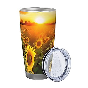 Sunflower Field Sunset Tumbler with Lid and Straw 20oz Stainless Steel Car Cup for Hot and Cold Drinks, Double Wall Insulated Travel Coffee Mug Reusable Drink Thermos Cup Birthday Gifts