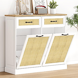 IDEALHOUSE Double Tilt Out Trash Cabinet with Natural Rattan, Hidden Trash Can Cabinet 10 Gallon Storage Holder, Freestanding Garbage Bin Cabinet for Kitchen Dining Living Room