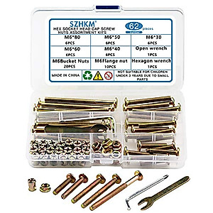 SZHKM 62PCS Furniture Bolts and Nuts, Crib Screws Hardware Replacement Kit,M6 Barrel Nuts for Cribs and Bunk Bed