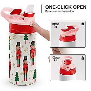 Kids Water Bottle, Christmas Nutcracker Tree Insulated Water Bottle Stainless Steel with Straw, Easy Open And Clean Leak Proof 17oz/ 500ml, Ideal for School Travel And Outdoor Activities