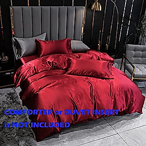 3 Pieces Silk Like Comforter Cover Set with Zipper Closure, Microfiber Luxury Breathable Ultra Soft Bedding Duvet Cover Set, Solid Color Modern Quilt Cover Set,Red,Queen(90''x90'')