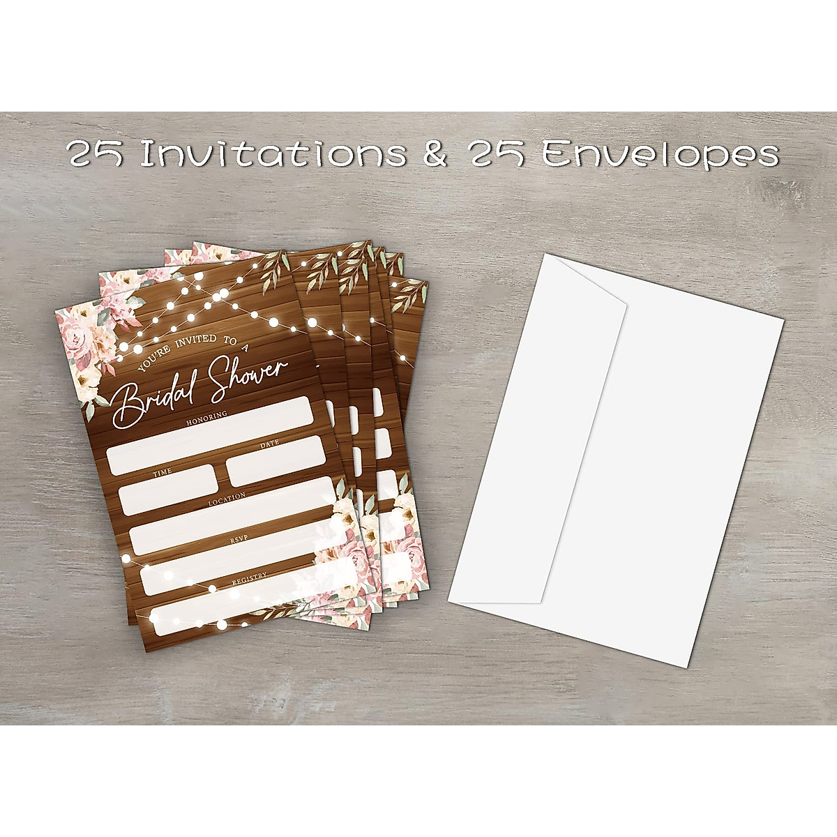 Bridal Shower Invitations, Rustic Wood Pink Floral Wedding Shower Invites For Bridal Shower, Engagement Party, Wedding Party, 25 Invitations Cards and Envelopes (yqk01)