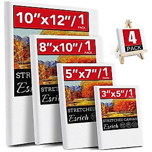 4 Packs Stretched Canvases for Painting with 3x5in,5x7in,8x10in,10x12in, Primed Canvas,Blank Painting Canvas for Oil & Acrylic Paint.