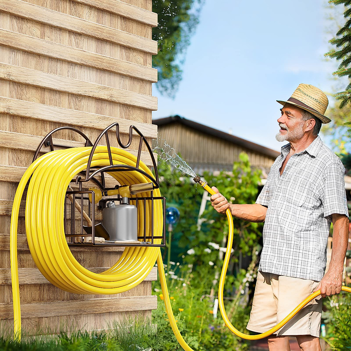 Lamir Heavy Duty Metal Water Hose Rack with Tool Basket, Brown, Outdoor Use