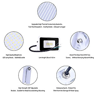 MIHEAL 2 Pack White 110V 10W LED Flood Light,Daylight White, IP68 Waterproof Super Bright Security Lights, Outdoor Floodlight for Yard, Garden, Playground, Basketball Court [Energy Class A++]