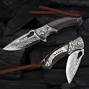 SPIRIT DEED outdoor folding pocket knives with sheath,handmade japanese vg10 damascus steel,rosewood handle,pocket clip for carving camping paring