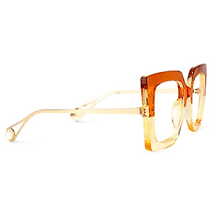 VOOGLAM Oversized Thick Square Blue Light Blocking Glasses for Women Orange Fashion Eyewear with Pearl Inlay Arm Anti Eyestrain UV Valarie