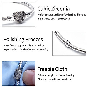 WAKCTFERG Charm Bracelet Fit For Charm beads, 925 Sterling Silver Cubic Zirconia Heart Clasp Snake Chain Bracelet Fit Any Charm Gift for Women Girl Suitable for people aged 12 to 80(ZLL-10, 6.7in/17cm)