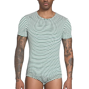 Landofgenie Mens Striped Onesie Pajamas Press Button Crotch Shirt Bodysuit Short Sleeve One Piece Bodysuit White 3XL