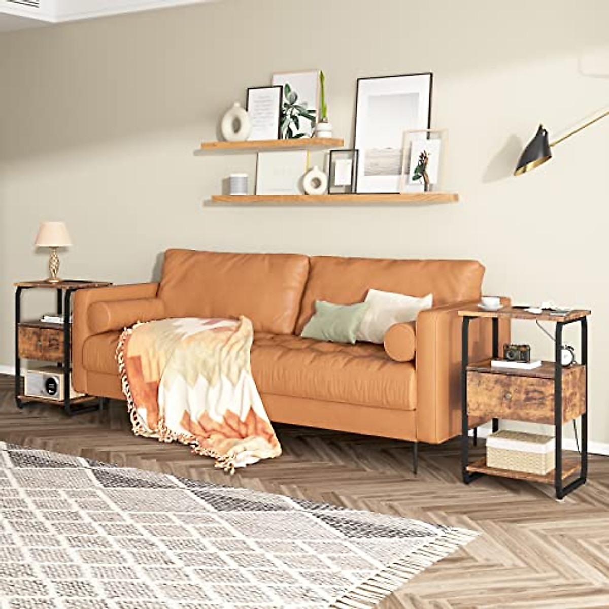 KHLJJU Nightstand with Charging Station, Bedside Tables with USB Ports and Outlets, Side Table with Drawer for Small Spaces, Vintage End Table for Bedroom, Living Room