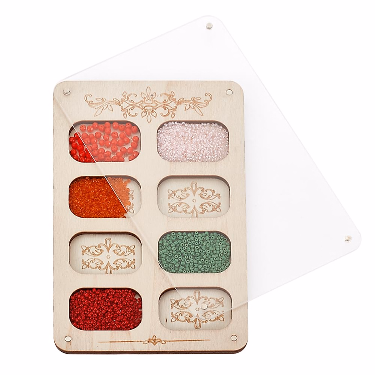 AHANDMAKER Wooden Jewelry Storage Tray with Glass Lid Wood Bead Board with Lid 8 Slot Old Lace Bead Storage Organize with Cover for Beads, Bracelets 4.72 x 7.68 x 0.37 Inch
