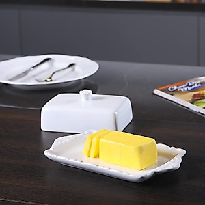 MyGift Vintage French Country Style White Ceramic Large Butter Dish Tray with Tulip Handle Top Lid, Kitchen Countertop Bi-Coastal Butter Keeper with Cover, Holds 2 Sticks