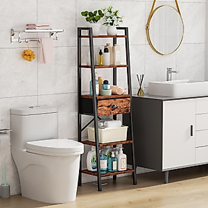 Furologee 5 Tier Ladder Shelf with Drawer, Tall Bookshelf Storage Shelves, Bookcase Standing Shelf Units, Industrial Open Display Shelves Organizer for Bedroom, Living Room, Kitchen, Rustic Brown