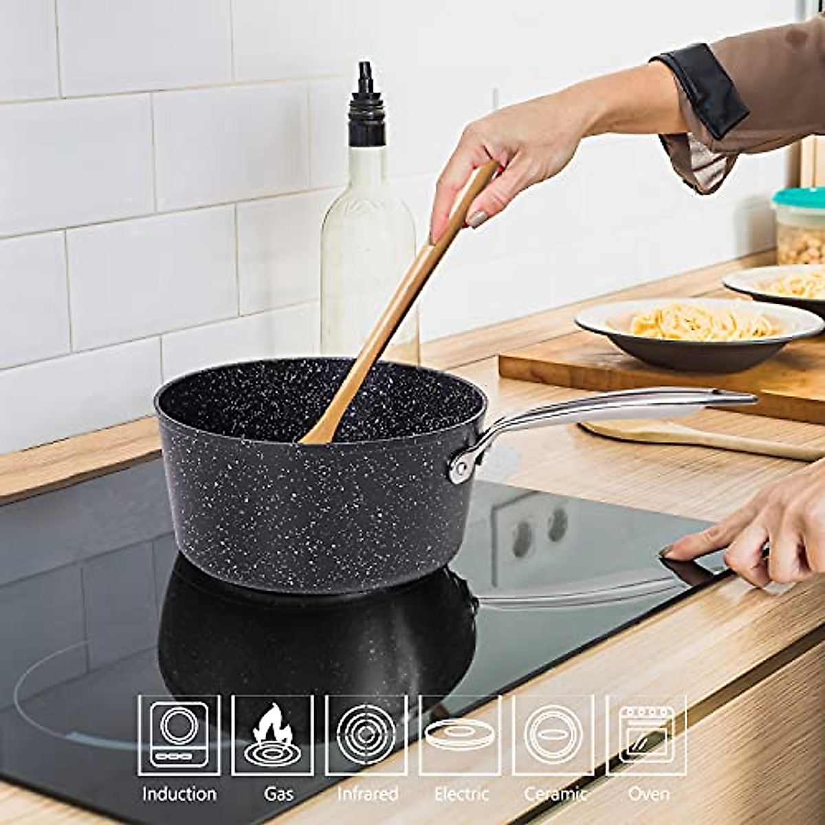 JEETEE Kitchen Pots and Pans Set Nonstick Granite Cookware Set Pans for Cooking w/Frying Pan, Saucepan, Cooking Pot, Oven Safe(Black, 15pcs Cookware Set)