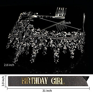 ATODEN Birthday Girl Sash Tiara Queen Crown Black Tiaras and Crowns for Women Girls Crystal Princess Tiara Rhinestone Headbands Quinceanera Crown Headpieces Happy Birthday Decorations Accessories for Wedding Bride Bridal Cosplay Prom Halloween Party Suppl