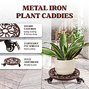 Idzo Cast Iron Caddy Plant Dolly with Lockable Caster Wheels for Indoor Outdoor Holds up 380 Lbs Pots Planter, 12 inch, Round Metal
