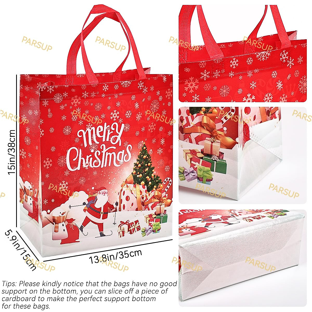 PARSUP 8PCS Large Christmas Gift Bags, Tote Bags with Handles, Christmas Treat Bags, Multifunctional Non-Woven Christmas Bags for Gifts Wrapping Shopping, Xmas Party Supplies, 15"×13.8"×5.9"