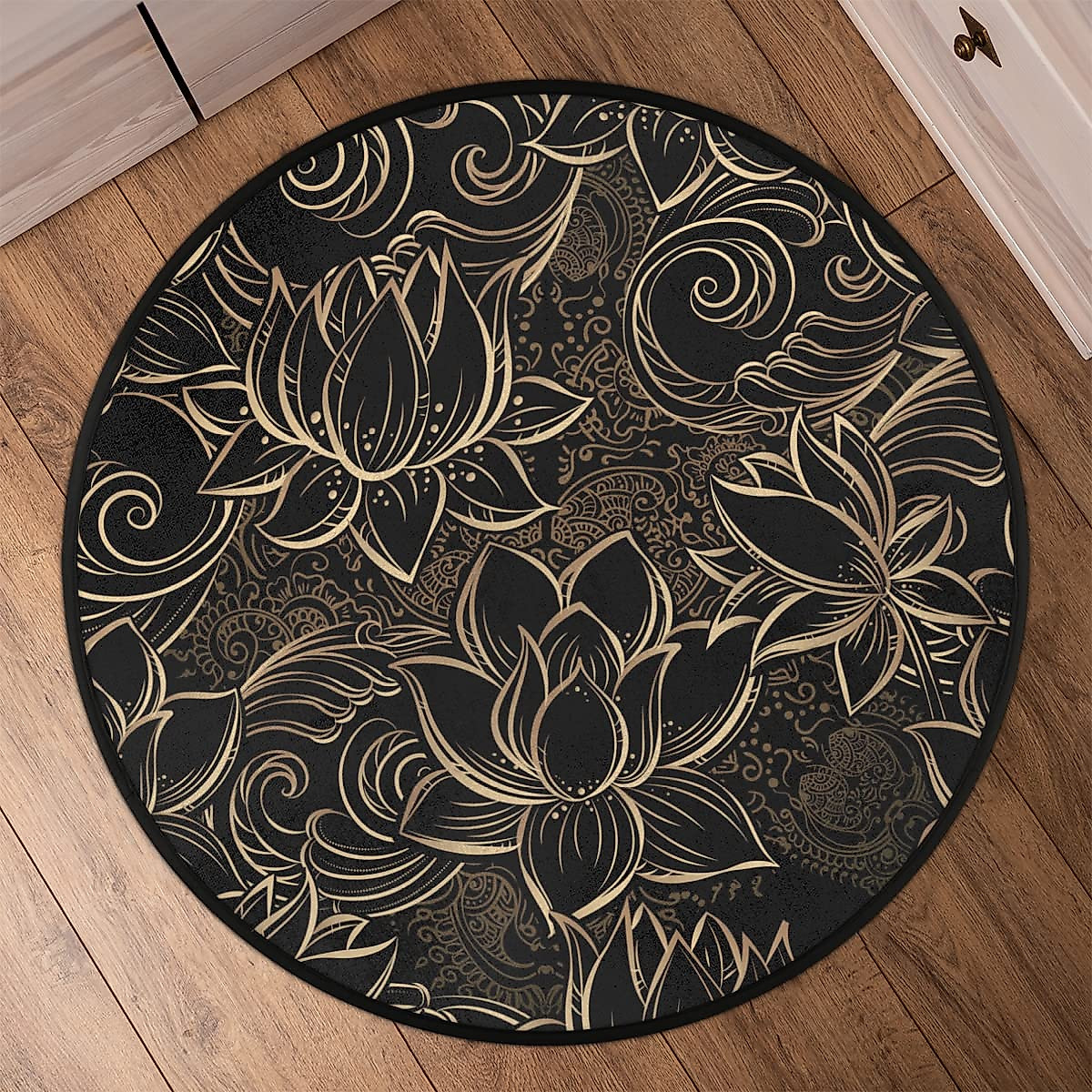 Luxurious Lotus Flower Round Rug 5.2Ft Black Non Slip Round Area Rug for Bedroom Living Room, Soft Throw Rugs Play Rug Circular Area Rugs Circle Playhouse Carpet
