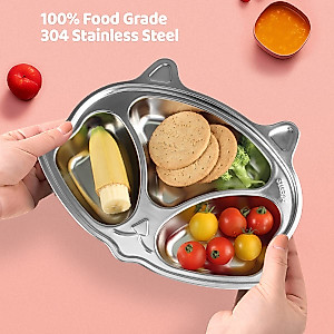 HOLIPOT 304 Stainless Steel Divided Plates, Food-Grade Toddlers Babies Kids Tray, 1300 Ml Toddler Plates with Suction, Self Feeding Training Kids Plates,Fits for Most High chairs Trays (Fox)