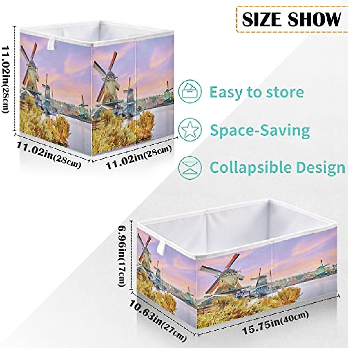 visesunny Closet Baskets Windmill in The Suburbs Of Amsterdam Storage Bins Fabric Baskets for Organizing Shelves Foldable Storage Cube Bins for Clothes, Toys, Baby Toiletry, Office Supply