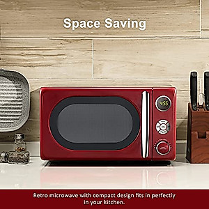 Retro red microwave oven with child safety lock, LED display, chrome handle design, environmental protection mode, 0.7 cubic feet capacity (Red)