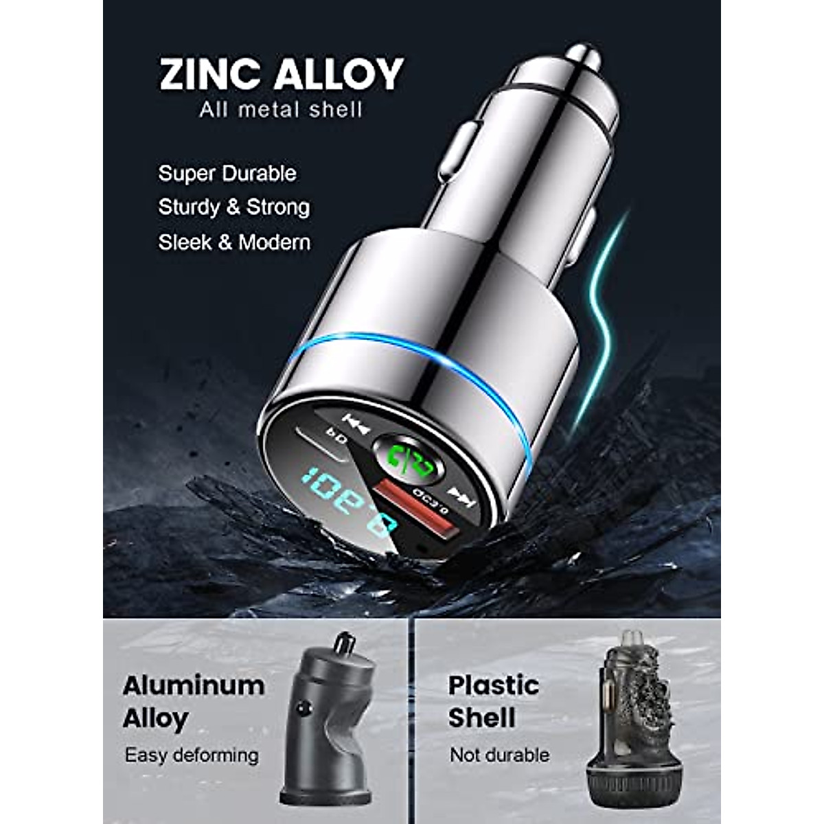 FM Transmitter for Car Bluetooth 5.3, RIWUSI [All-Metal] PD 20W & QC3.0 18W Fast Car Charger, Wireless FM Radio Car Kit Bluetooth Car Adapter, Noise Cancelling Hands-Free Call, Hi-Fi Music, Blue Light