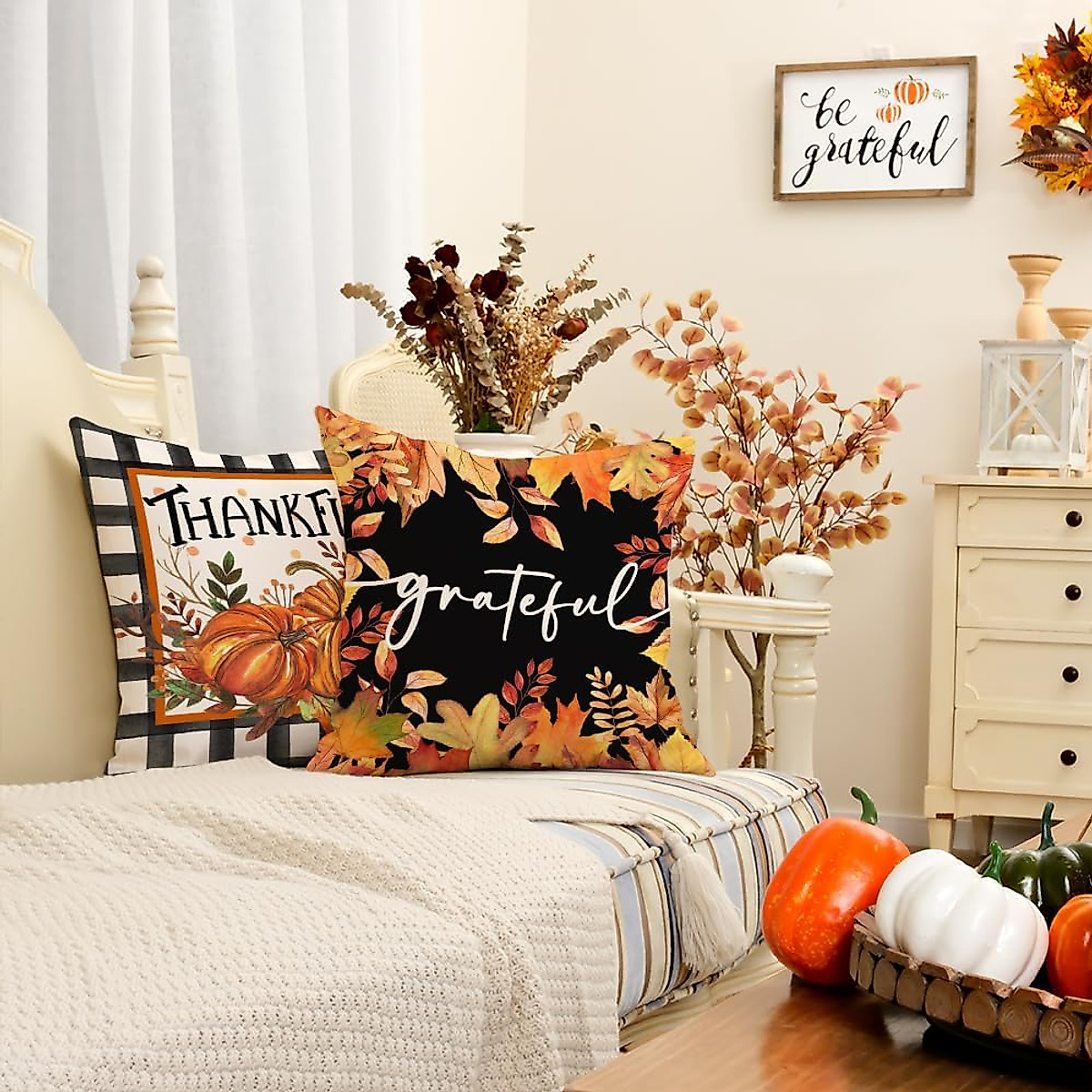 GEEORY Fall Decorative Throw Pillow Covers 18 x 18 Inch Set of 4, Thankful Grateful Blessed Harvest Pumpkin Gnome Thanksgiving Fall Decor Outdoor Farmhouse Pillow Cases for Home Couch G345-18
