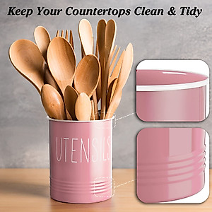 Bivvclaz Kitchen Utensil Holder - 6.7" Utensil Holder for Kitchen Counter - Cooking Utensil Crock with Cork Bottom - Pink Kitchen Decor and Accessories - Utensil Storage Caddy Organizer