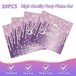 Juhap 80 Pieces Purple Birthday Tableware Set for Happy Birthday Table Decorations Purple Theme Birthday Dessert Plates Napkins Forks for 20 Guests Girls Women Silver Glitter Birthday Party Supplies