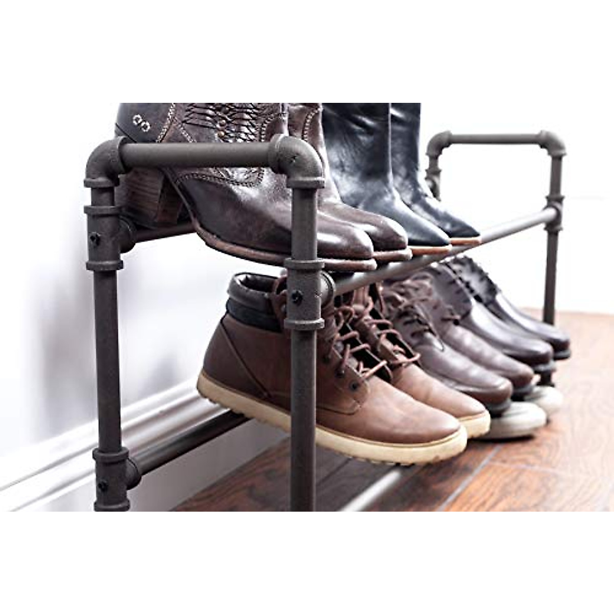 Real Home Innovations Modern Industrial Style 2 Tier Shoe Rack, 36" W x 8.2" d x 16" H, Satin Pewter