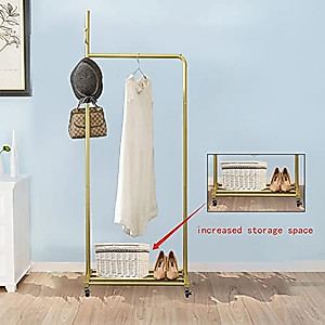 FJANKUI Clothing Garment Rack with Lockable Wheels, 3-in-1 Rolling Clothes Rack for Hanging Clothes, 5 Side Hooks and Bottom Shelves Organizing Clothes,Shoes,bags,hats(31.5in gold)