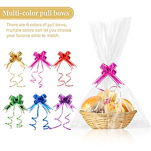8 Pcs Empty Oval Bamboo Basket Food Storage Basket Fruit Basket Gift Baskets with 12 Pcs Colorful Pull Bow and 12 Pcs Clear Gift Bag for Fruit, Cookie, Bread, Kitchen, Restaurant, 9 x 7 x 3 inches