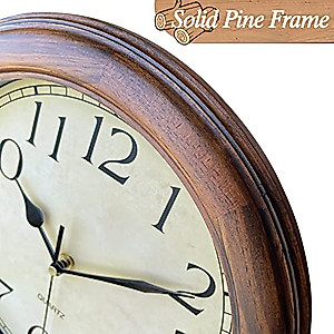 Wood Wall Clock with Retro Design, 12 Inch Round, Big Arabic Numerals, for Living Room Kitchen Classroom Gym and Pool, Brown