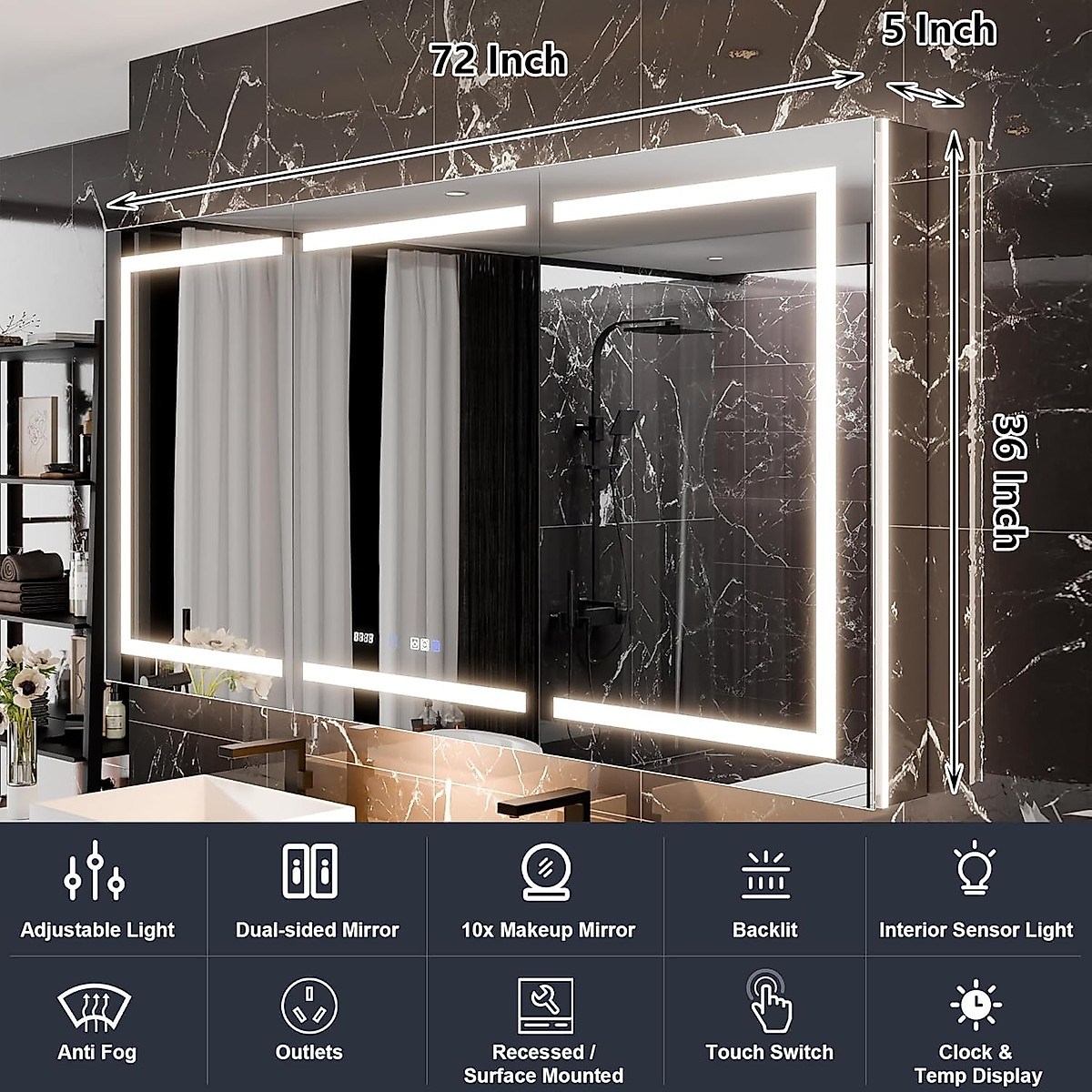 WELERONY Smart Lighted Medicine Cabinet with Mirror, 72" x 36" LED Medicine Cabinet Mirror for Bathroom with Built-in High-Power Outlet, Stepless Dimming & Anti-Fog, Wide Hinge