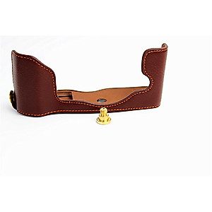 PEN-F Case, BolinUS Handmade Genuine Real Leather Half Camera Case Bag Cover for Olympus PEN-F Bottom Opening Version + Hand Strap - Coffee