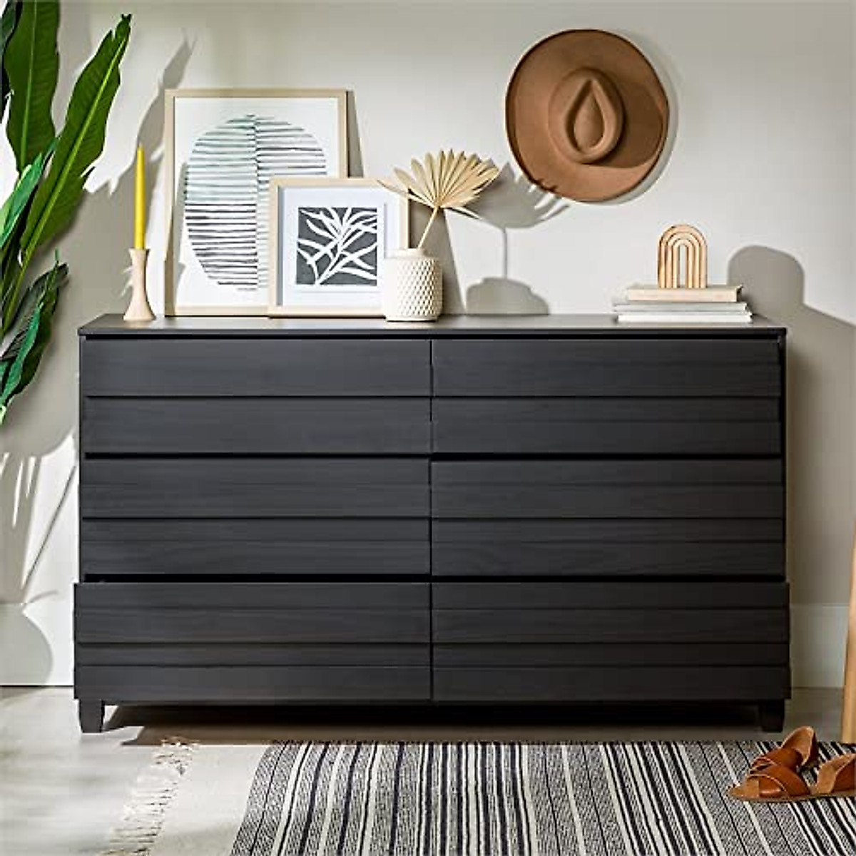 Pemberly Row Modern Grooved Panel 6-Drawer Wood Bedroom Dresser in Black