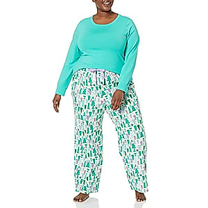 Amazon Essentials Women's Lightweight Flannel Pant and Long-Sleeve T-Shirt Sleep Set, Ecru Festive Tree, Large