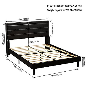Arisaniasion Queen Size Bed Frame with LED Light Square Stitched Adjustable Headboard Strong Bed, Remote Control Control LED Lights, No Box Spring Needed, Noise Free, Easy Assembly (Black)