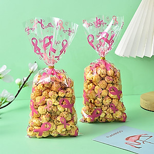 Ysqool 50 Breast Cancer Support Cellophane Treat Bags,Pink Ribbon Pattern Party Bags Clear Plastic Candy Goodie Gift Bags with Gold Twist Ties for Breast Cancer Awareness Party Supplies Gift Wrapping