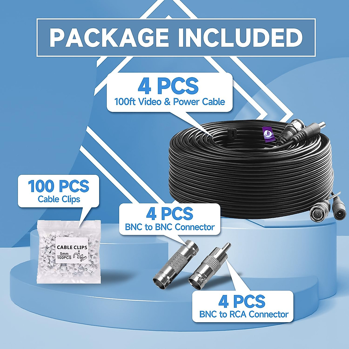 Anlink 4 Pack 100Ft/30M 4K 8MP 5MP All-in-One BNC Video Power Cable, BNC Extension Surveillance Camera Wires for CCTV Camera DVR Systems (8pcs BNC Connectors, 100pcs Cable Clips Included)